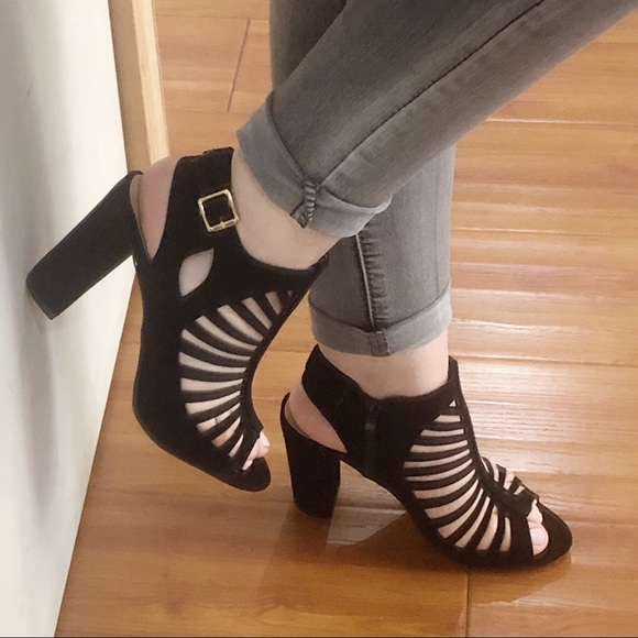 Shoes | Black Open Toe Bootiesandal Block Heel | Poshmark